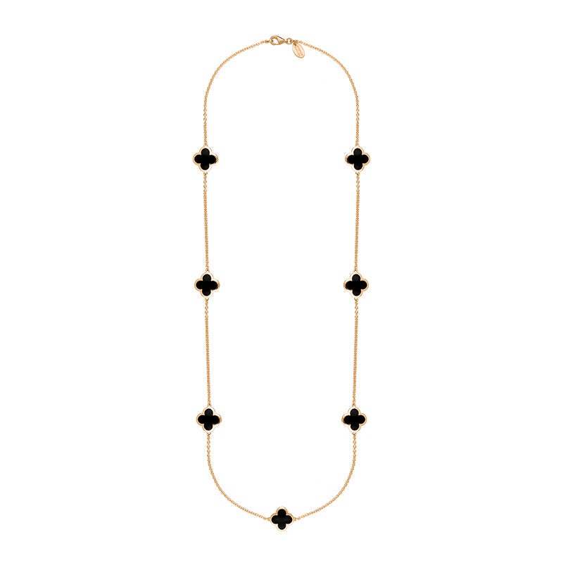 18ct Rose Gold Whitby Jet Bloom Four Leaf Clover Long Necklace N1129 ...