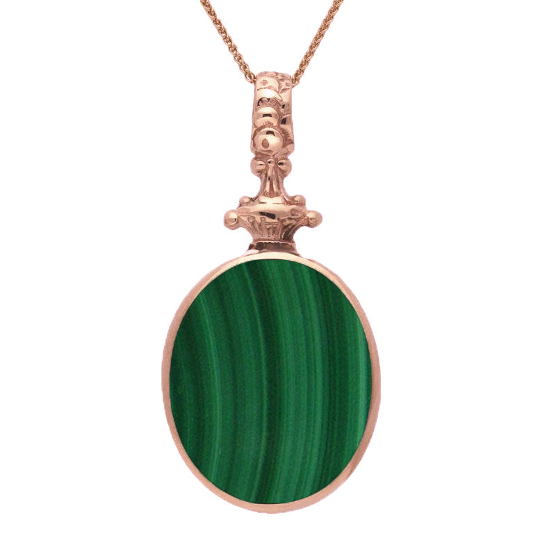 18ct Rose Gold Whitby Jet Malachite Double Sided Oval Fob Necklace p100 ...