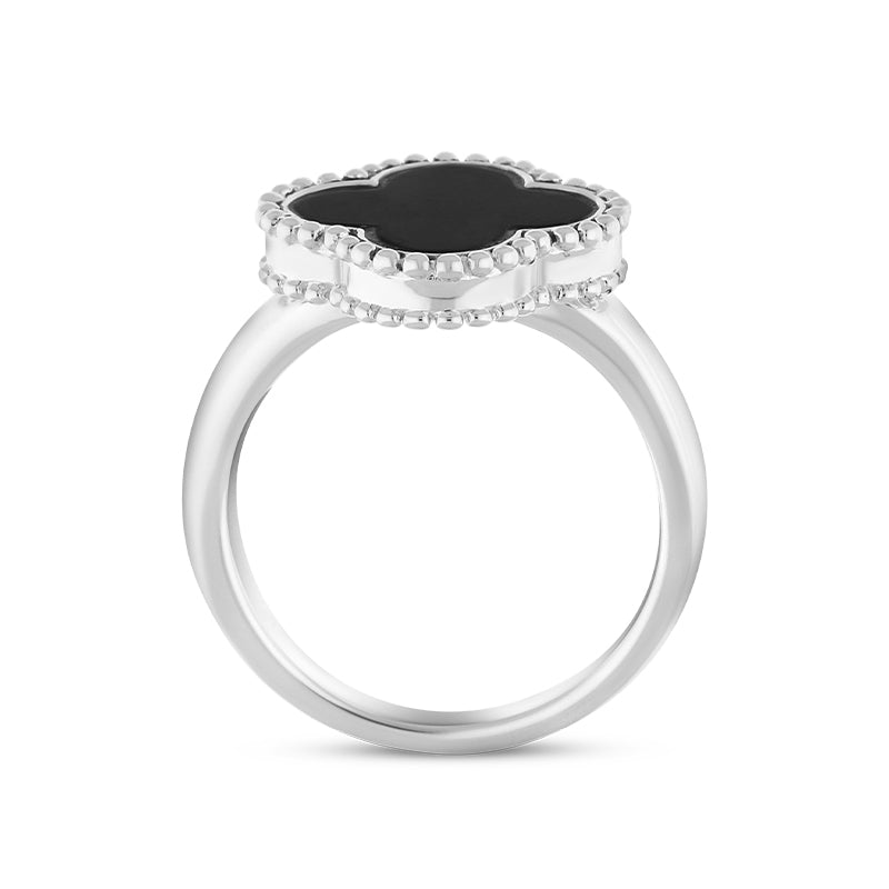 18ct White Gold Whitby Jet Bloom Four Leaf Clover Ball Edge Ring Supplier: International Bullion ...