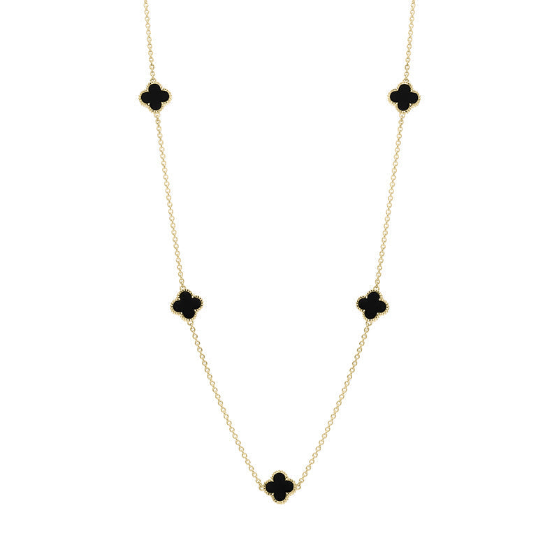 18ct Yellow Gold Whitby Jet Bloom Four Leaf Clover Ball Edge Necklace ...