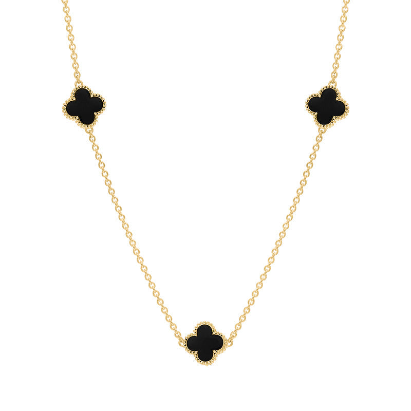18ct Yellow Gold Whitby Jet Bloom Four Leaf Clover Ball Edge Necklace ...