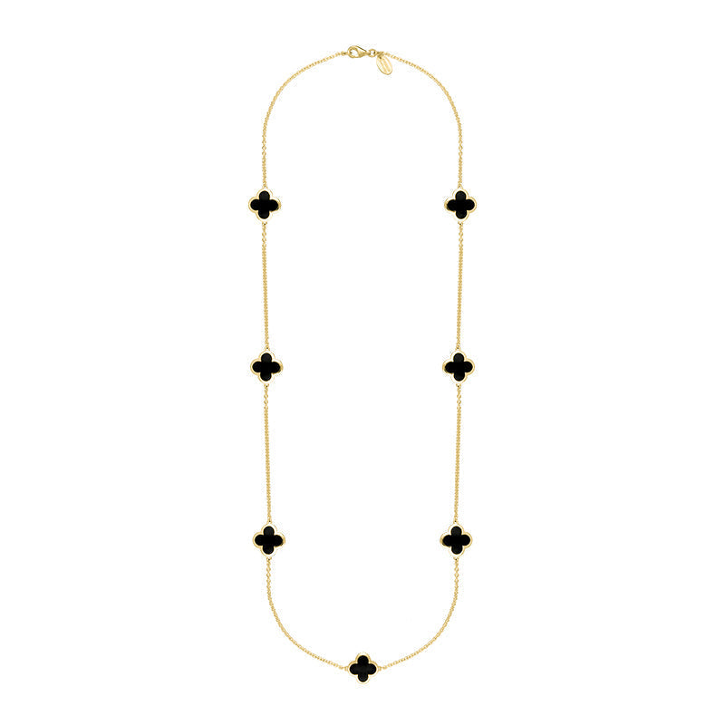 18ct Yellow Gold Whitby Jet Bloom Four Leaf Clover Long Necklace N1129 ...