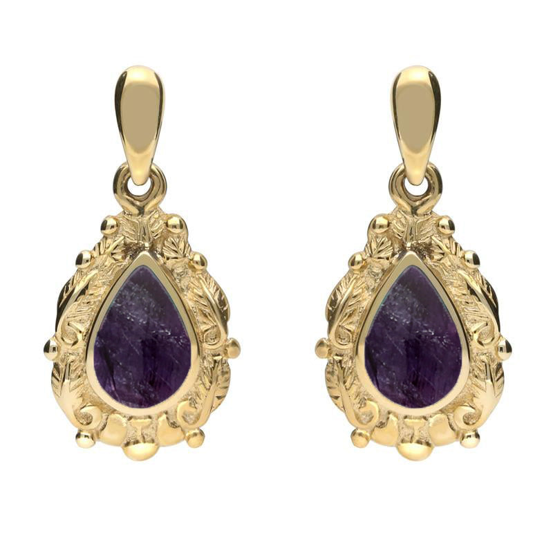 18ct Yellow Gold Blue John Pear Shaped Leaf Drop Earrings E083 Earrings | Jura Watches