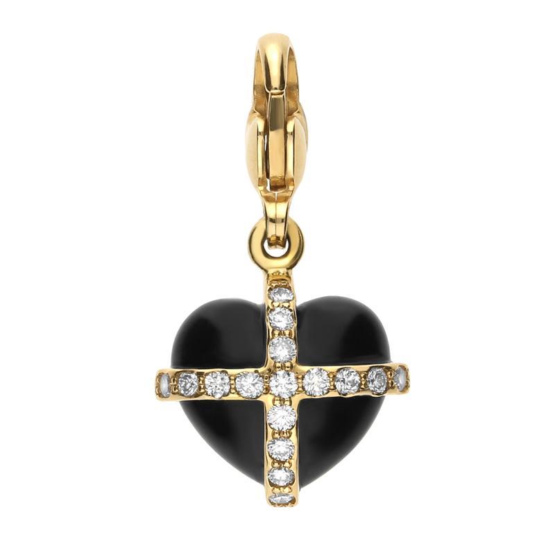 18ct Yellow Gold Whitby Jet 0.16ct Diamond Small Cross Heart Charm G775 ...