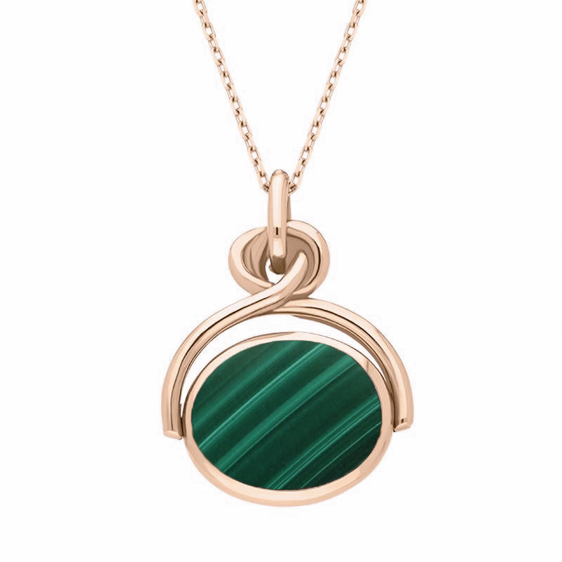 9ct Rose Gold Whitby Jet Malachite Oval Swivel Fob Necklace P096 ...