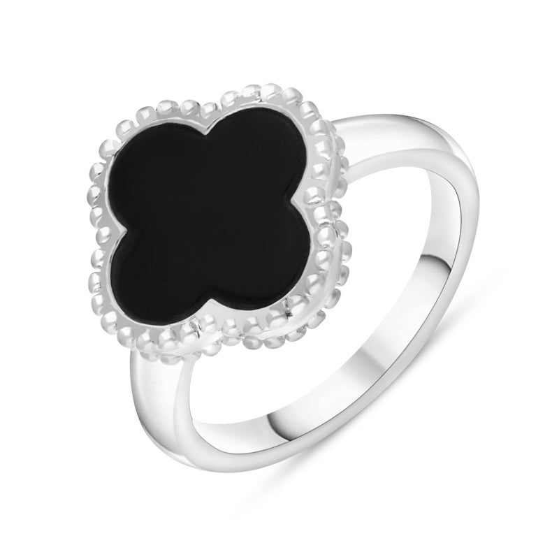 9ct White Gold Whitby Jet Bloom Four Leaf Clover Ball Edge Ring Supplier: International Bullion ...