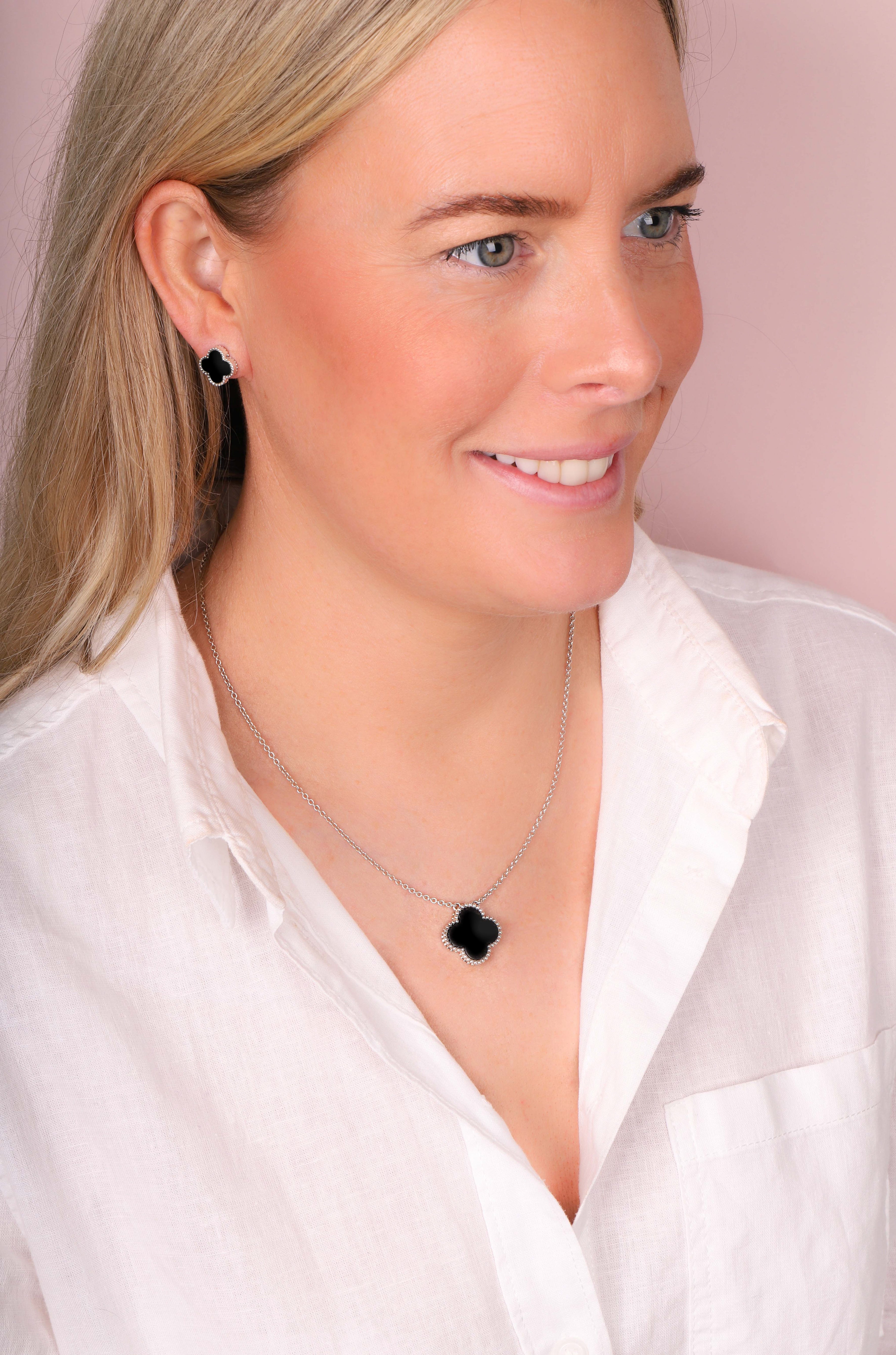 9ct White Gold Whitby Jet Bloom Four Leaf Clover Ball Edge Stud ...