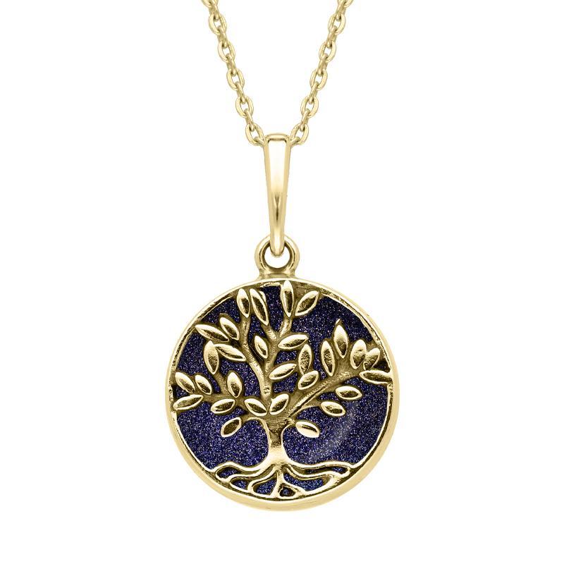 9ct Yellow Gold Blue Goldstone Small Round Large Leaves Tree of Life ...