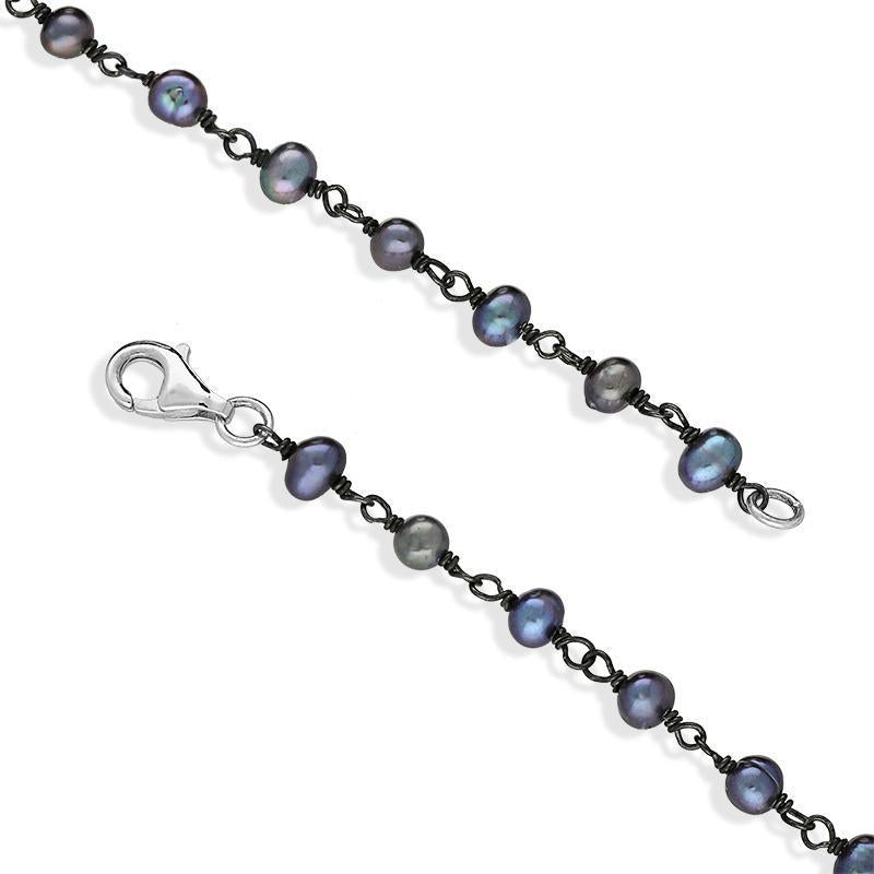 Sterling Silver Black Pearl Bead Chain Link Necklace N952_18B Necklace ...