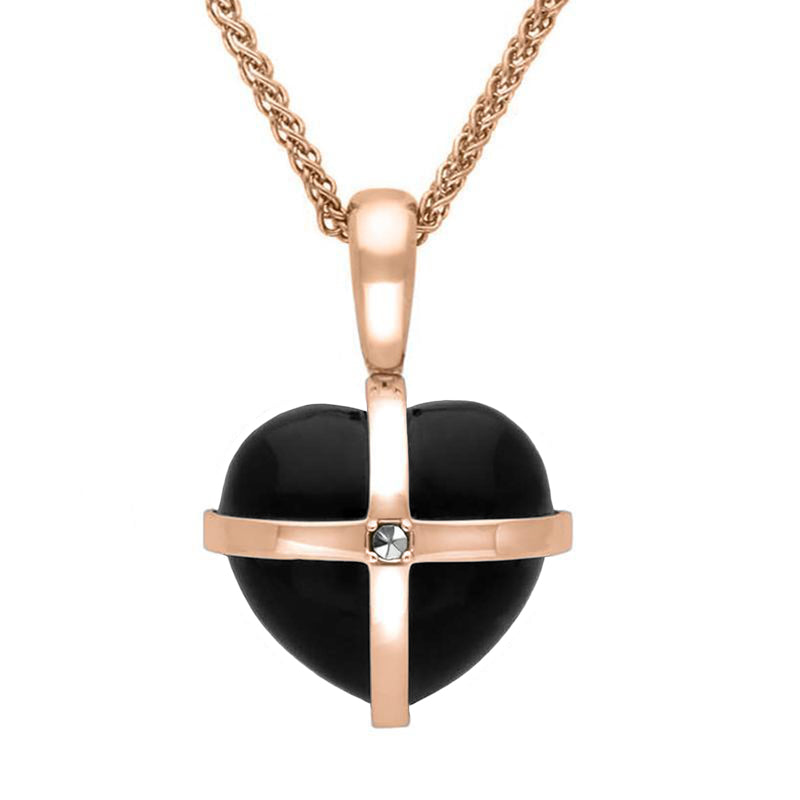 9ct Rose Gold Whitby Jet Marcasite Small Cross Heart Necklace P2266 ...