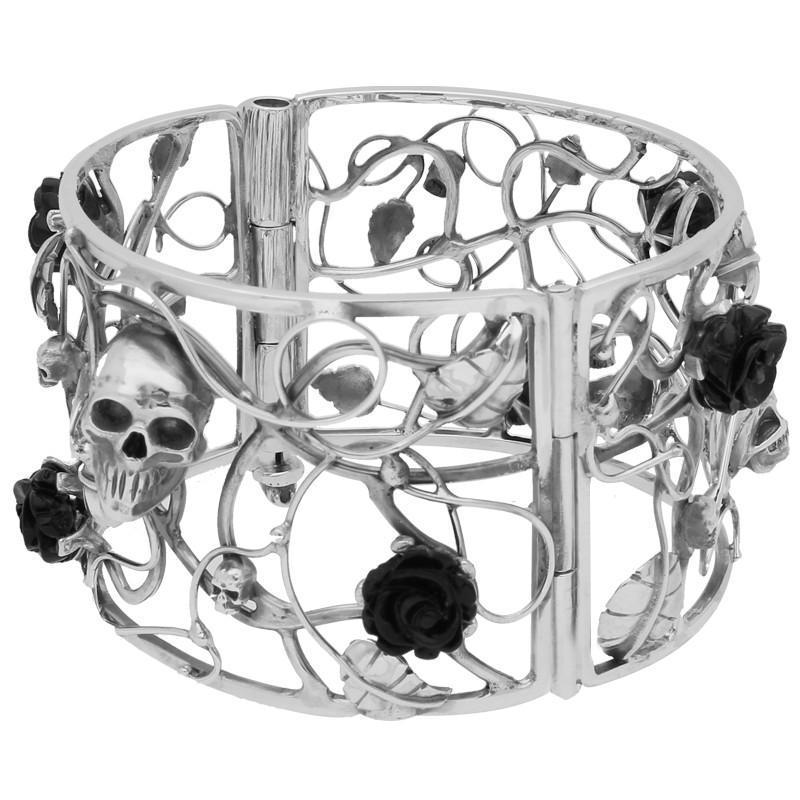 Sterling Silver Whitby Jet Entwined Skulls Roses Bracelet D BUNQ0000954 ...